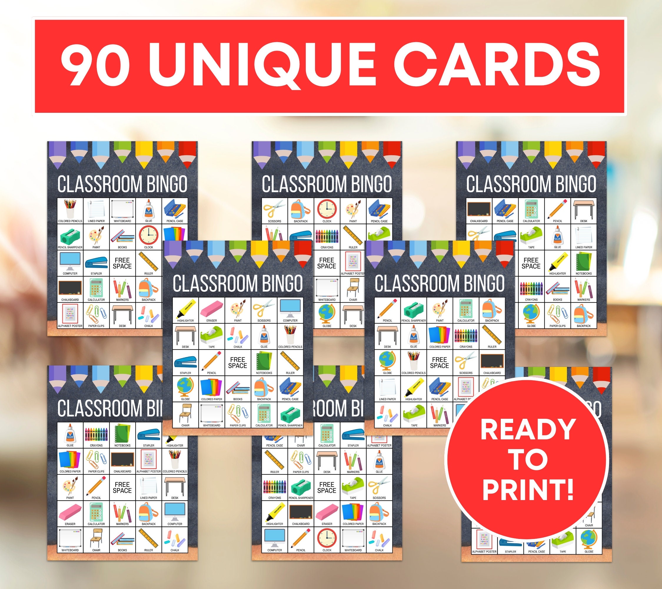 90 School Classroom Bingo Cards Printable Game, First Day Back to ...
