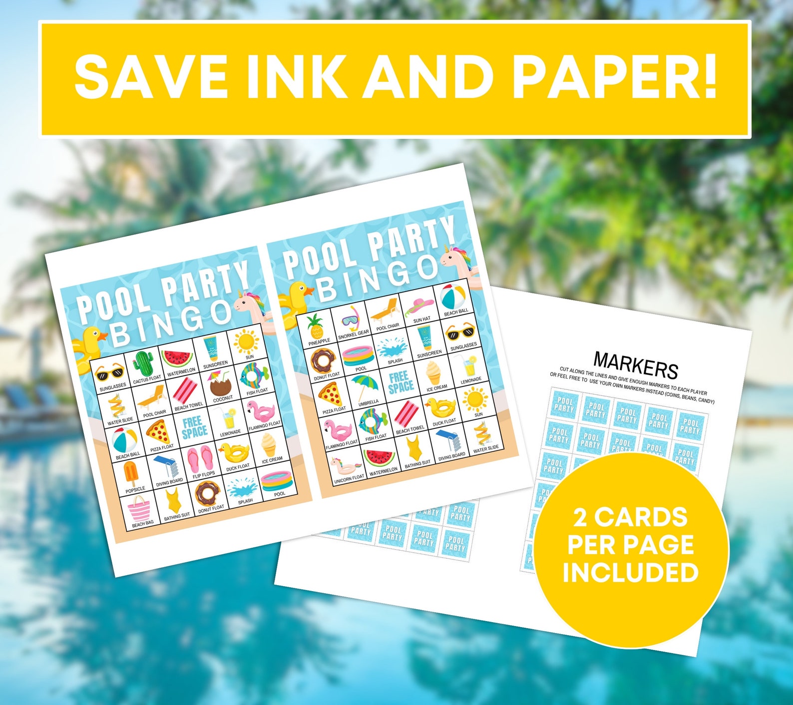 120 Pool Party Bingo Cards Printable Game, Summer Pool Party Birthday ...