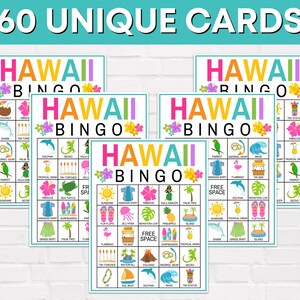 60 Hawaii Bingo Cards Printable Game, Luau Aloha Hawaiian Birthday ...