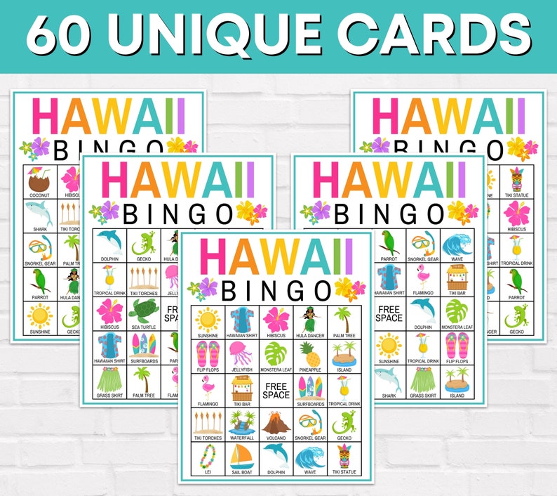 60 Hawaii Bingo Cards Printable Game, Luau Aloha Hawaiian Birthday ...