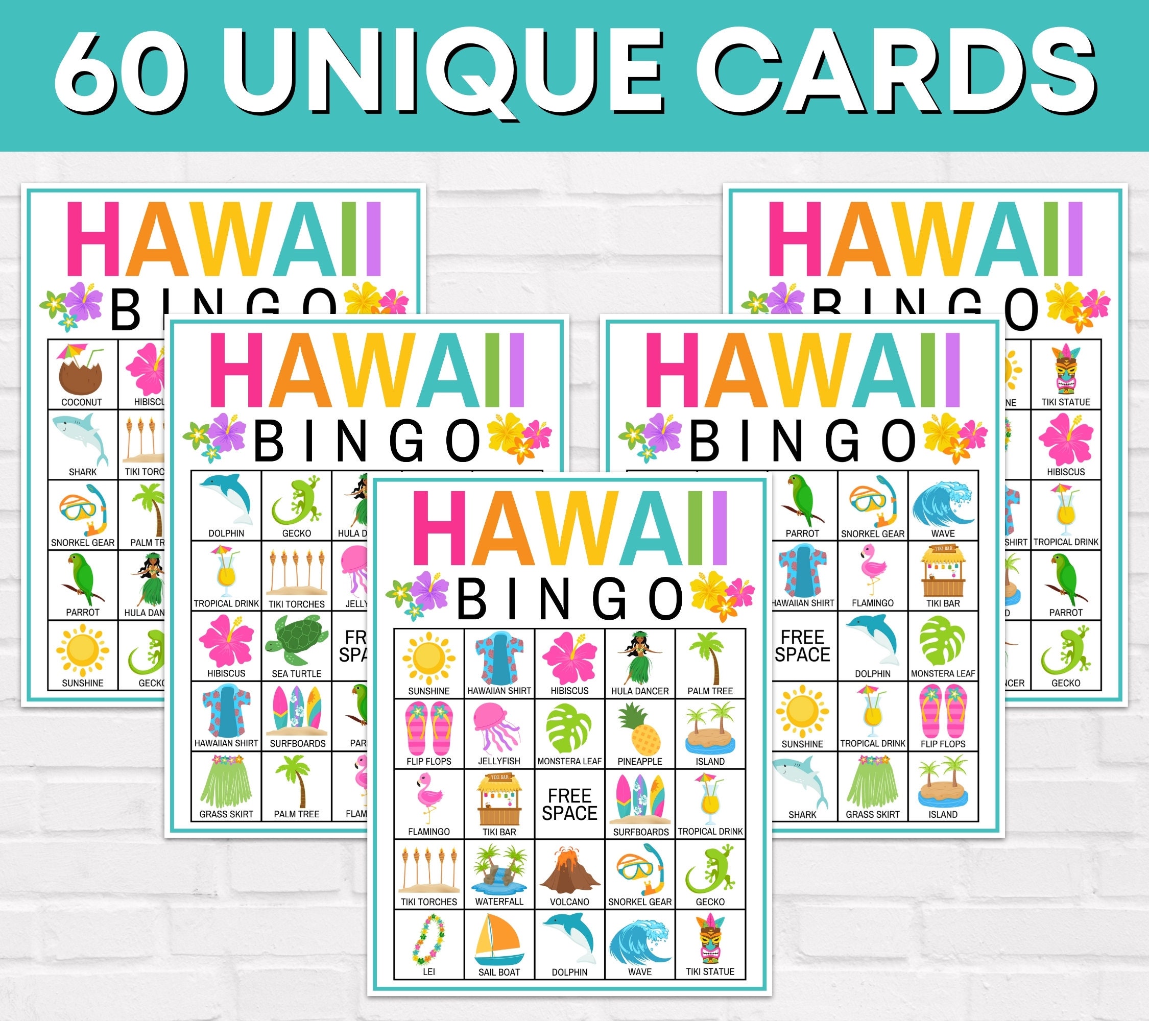 60 Hawaii Bingo Cards Printable Game, Luau Aloha Hawaiian Birthday ...
