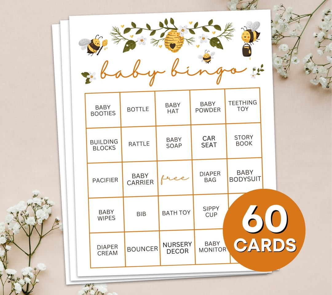 60 Bee Baby Shower Bingo Cards Printable Game, Baby Bee Shower Gift ...