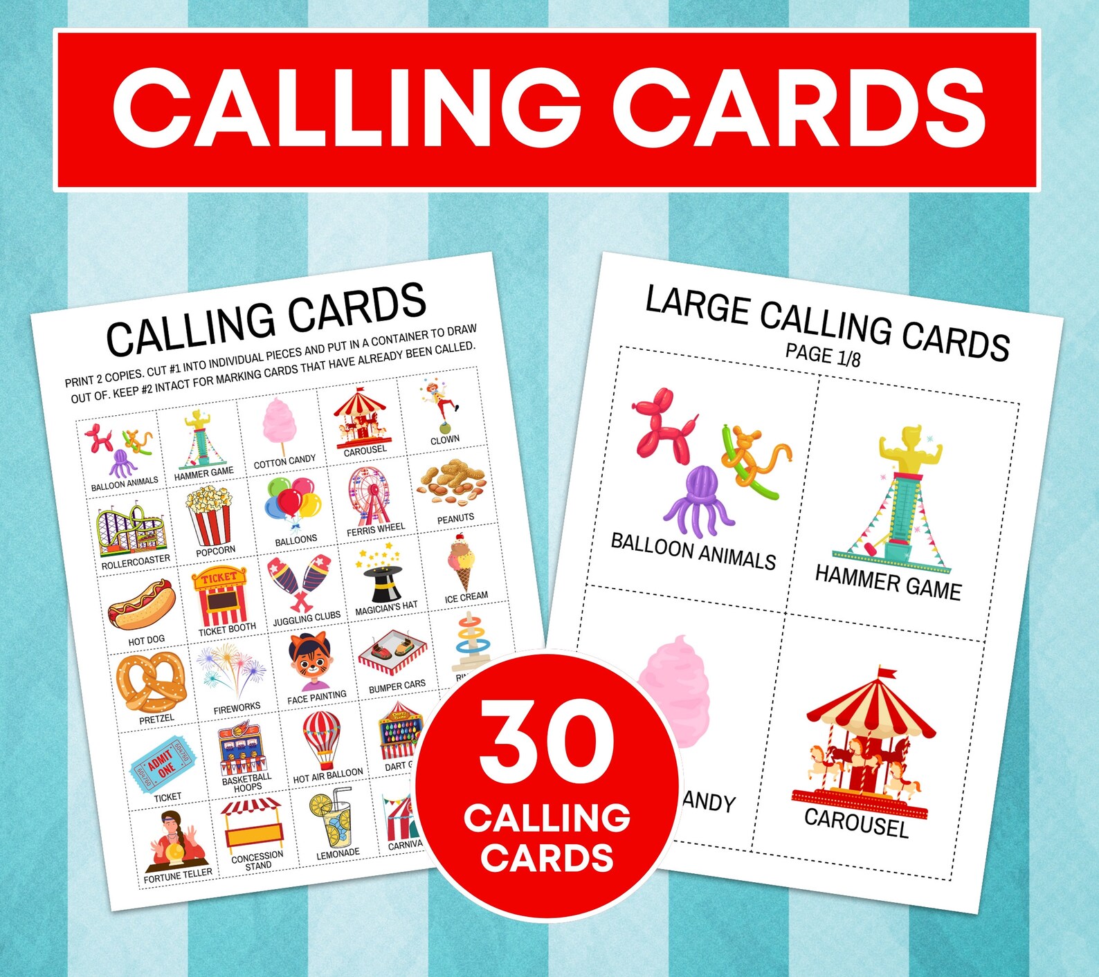 30 Carnival Bingo Cards Printable Game, Carnival Party Bingo Boards ...