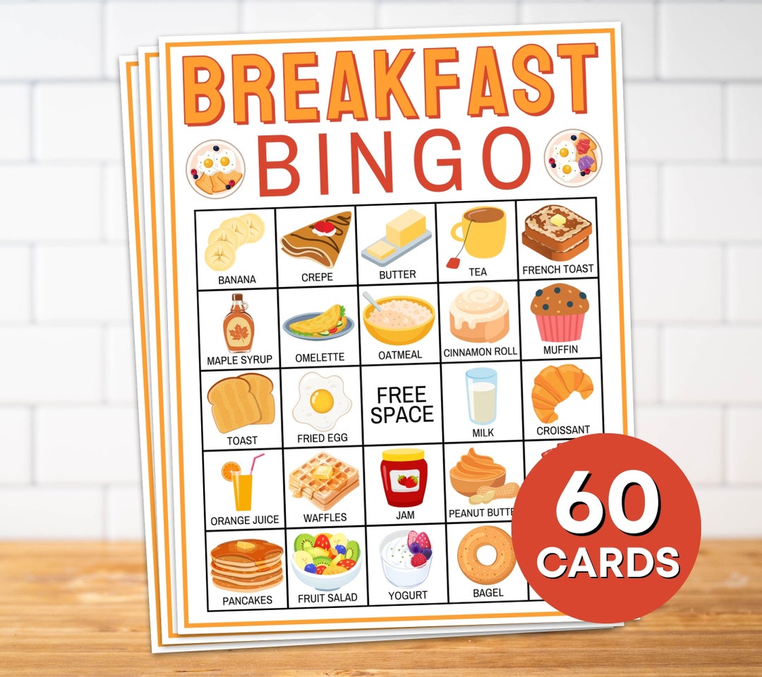 60 Breakfast Bingo Cards Printable Game, Sunday Brunch Bingo Board Game ...