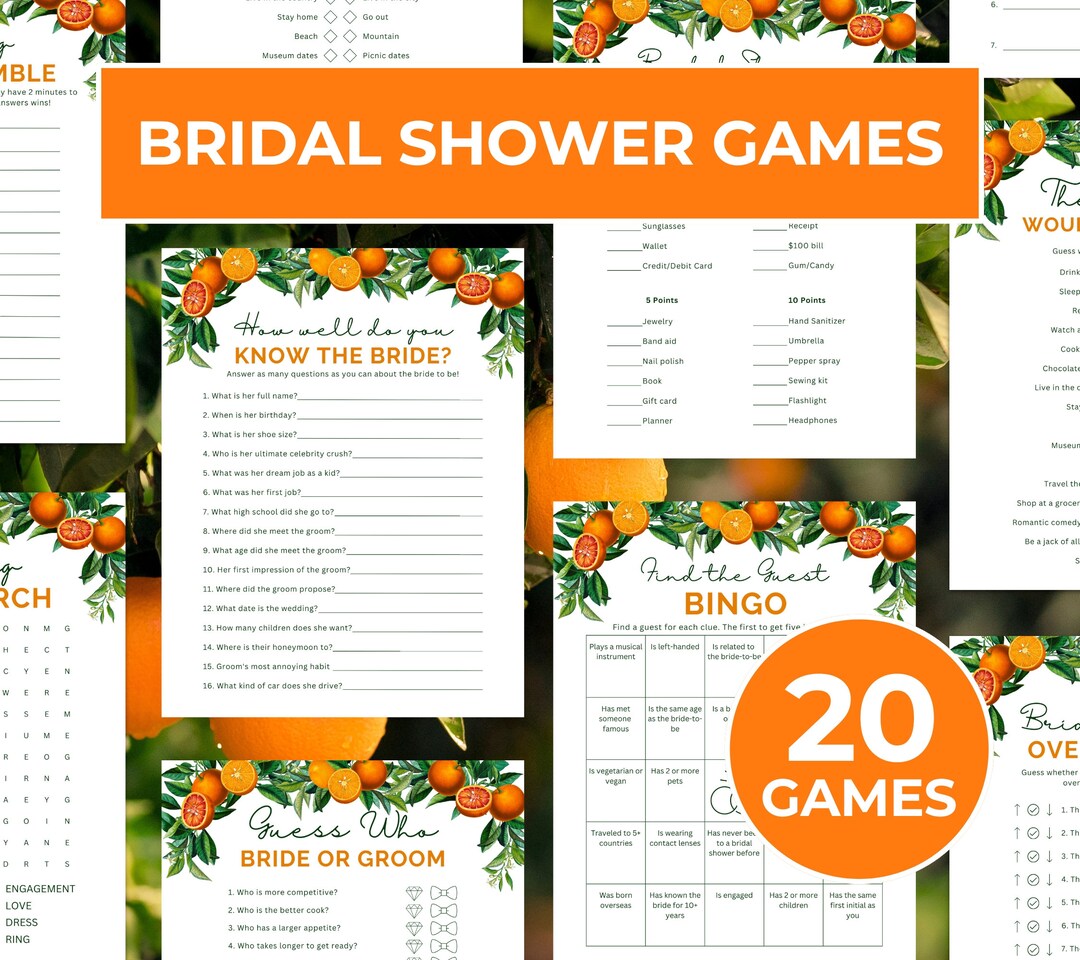Orange Citrus Bridal Shower Games Printable Bundle, Citrus Theme Bridal ...