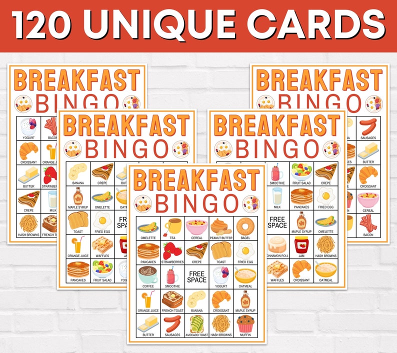 120 Breakfast Bingo Cards Printable Game, Sunday Brunch Bingo Board ...