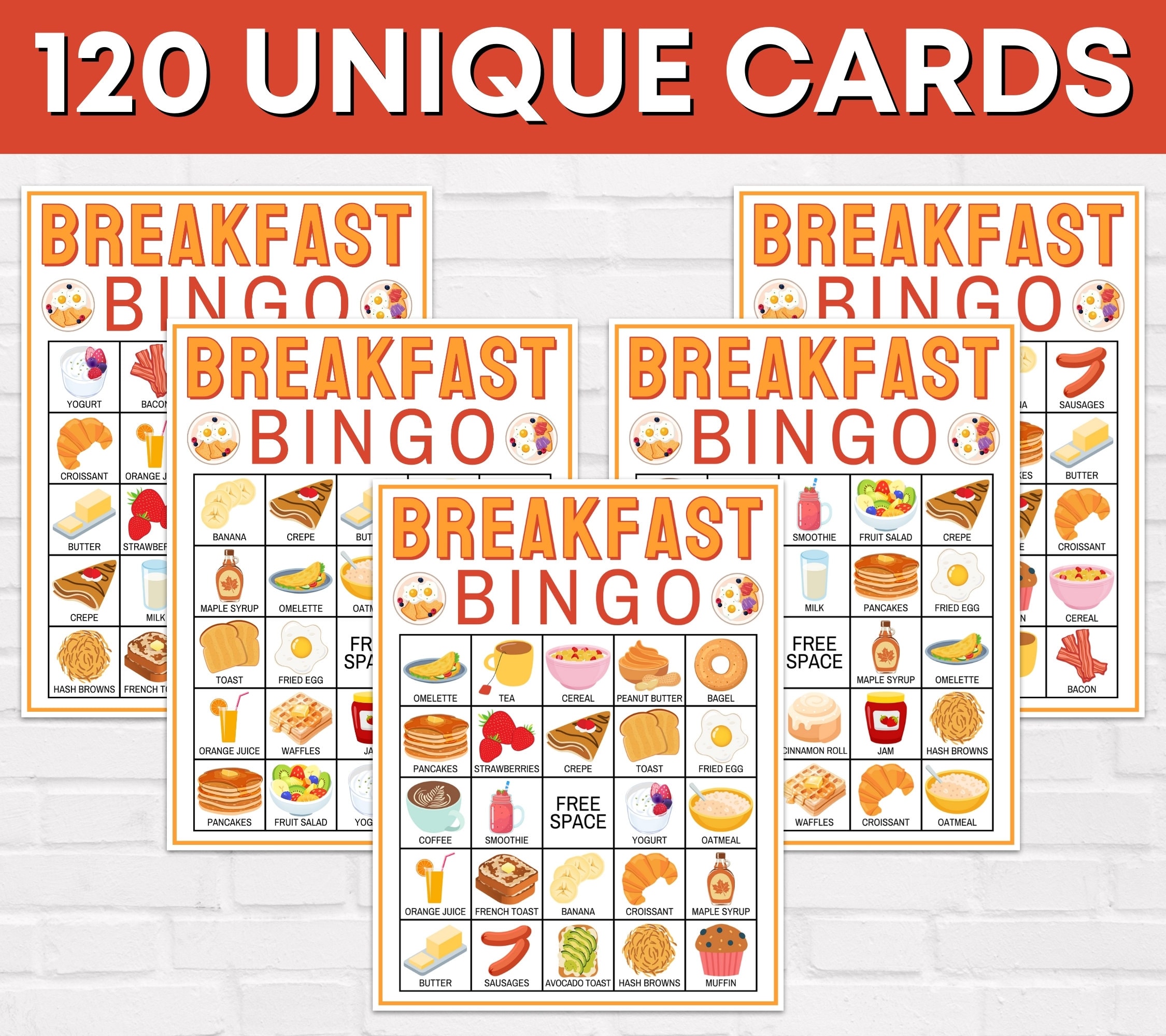 120 Breakfast Bingo Cards Printable Game, Sunday Brunch Bingo Board ...