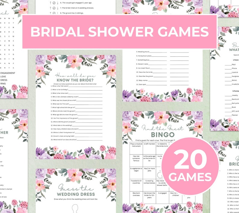 Pink Purple Floral Bridal Shower Games Printable Bundle, Flower Garden ...