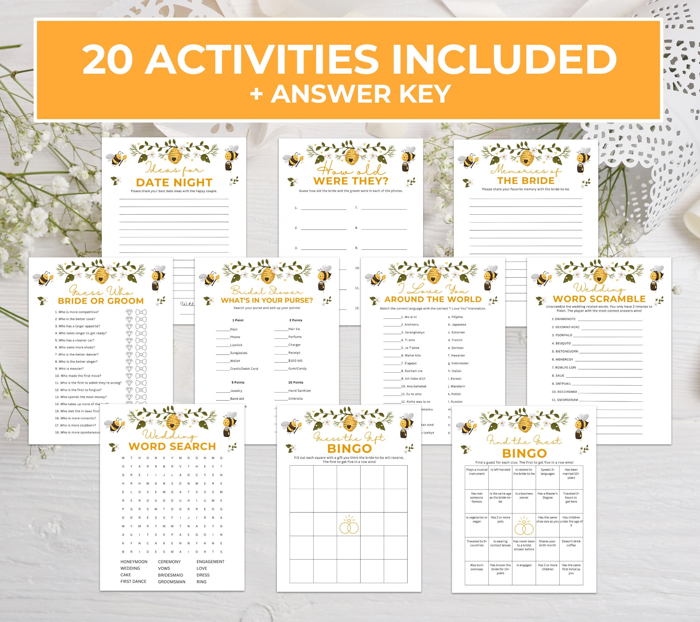 Bee Bridal Shower Games Printable Bundle, Yellow Honey Bee Bridal ...