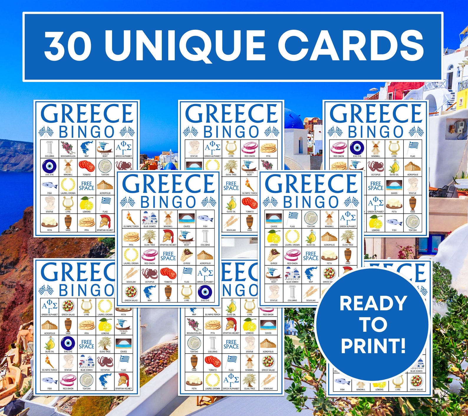 30 Greece Bingo Cards Printable Game, Greece Travel Bingo Boards Game ...