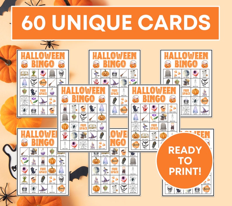 60 Halloween Bingo Cards Printable Game,halloween Fall Bingo Boards ...