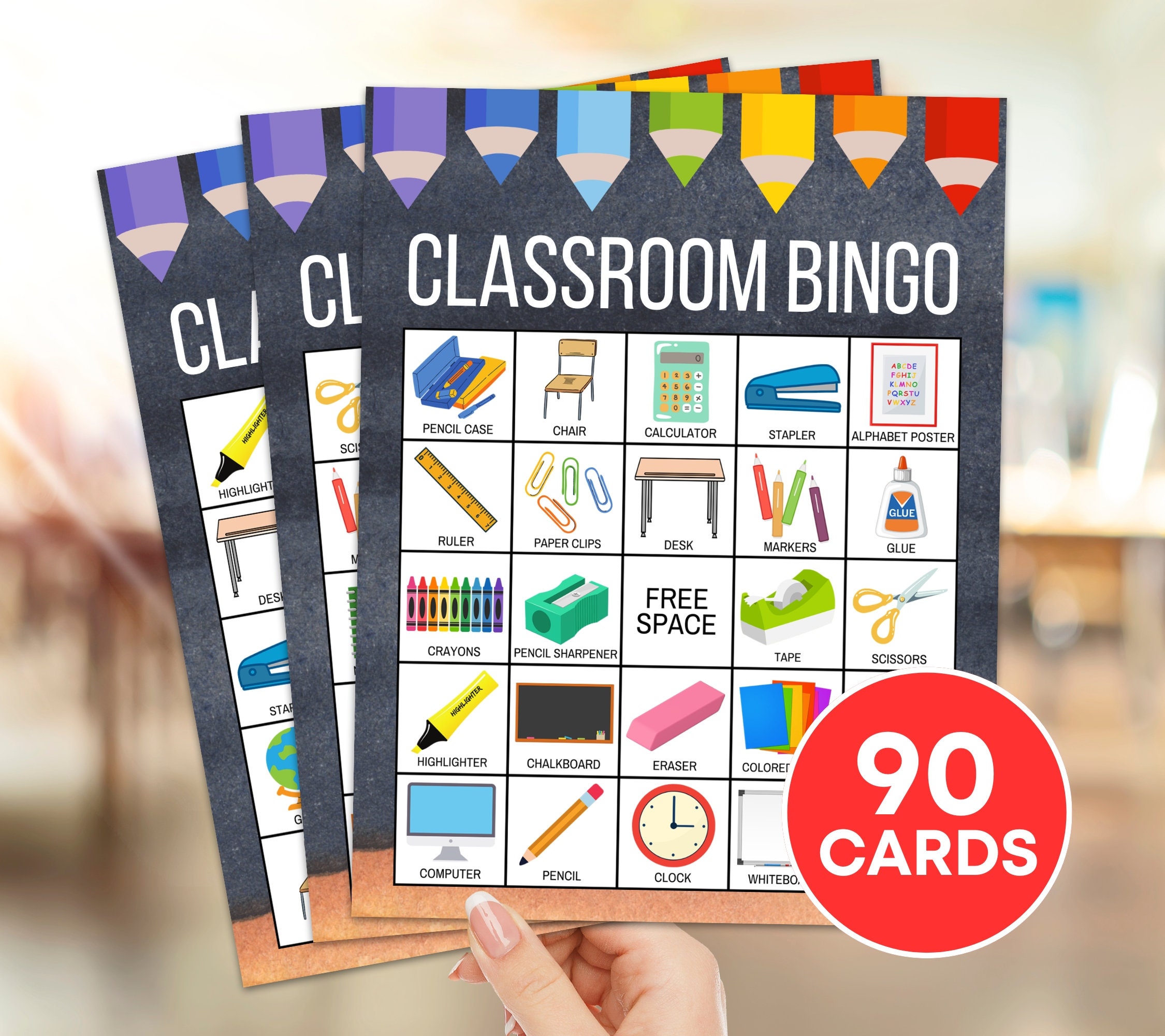 90 School Classroom Bingo Cards Printable Game, First Day Back to ...