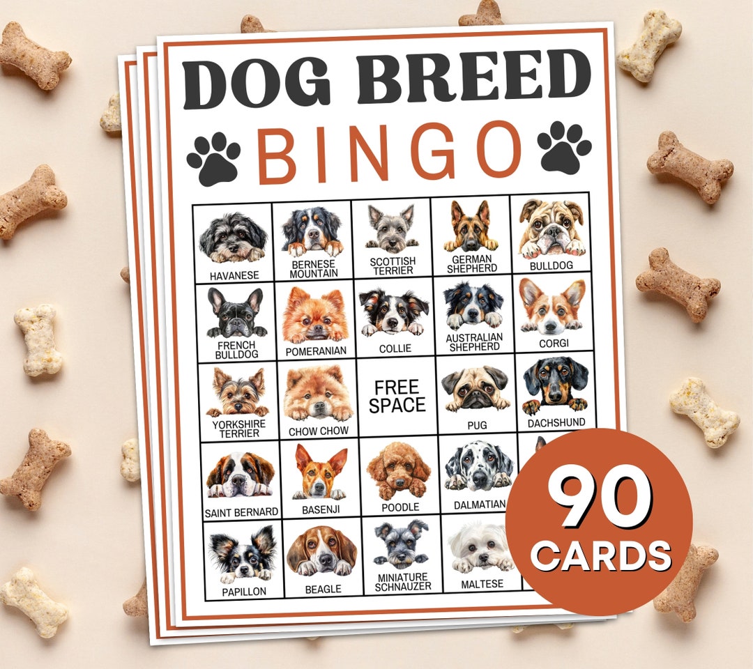90 Dog Breed Bingo Cards Printable Game, Dog Bingo Cards Game, Dog ...