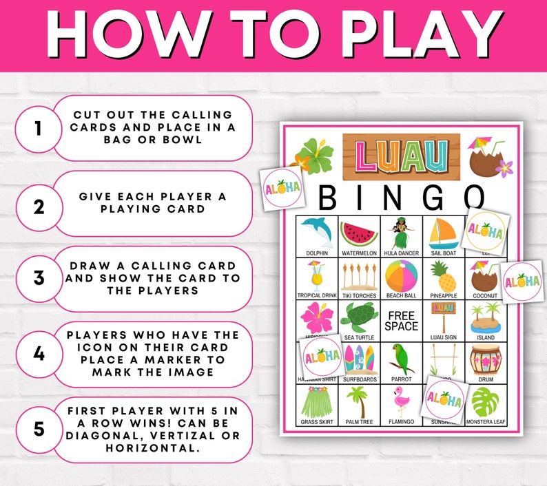 30 Luau Bingo Cards Printable Game, Aloha Hawaiian Birthday Party Bingo ...