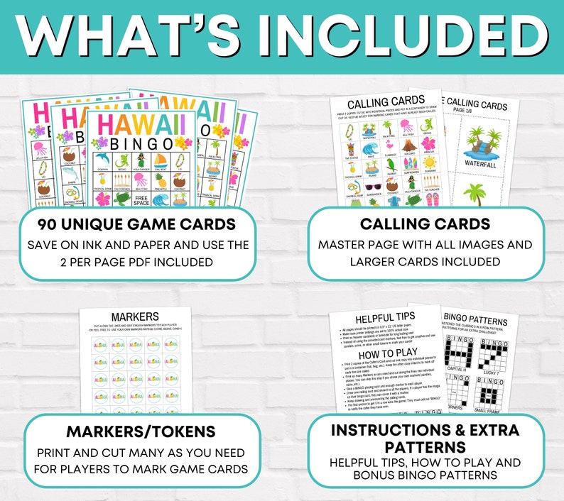 90 Hawaii Bingo Cards Printable Game, Luau Aloha Hawaiian Birthday ...