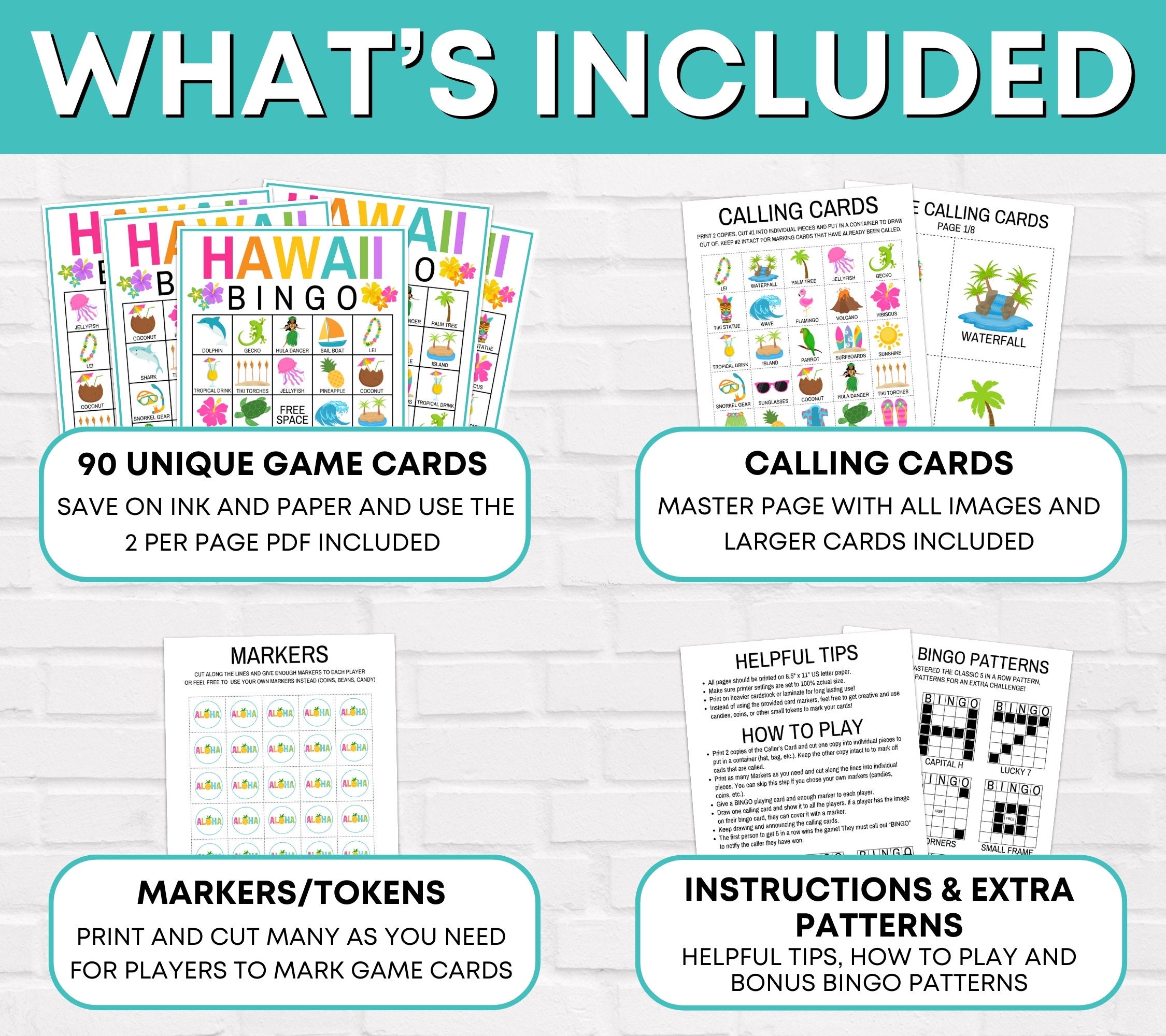 90 Hawaii Bingo Cards Printable Game, Luau Aloha Hawaiian Birthday ...