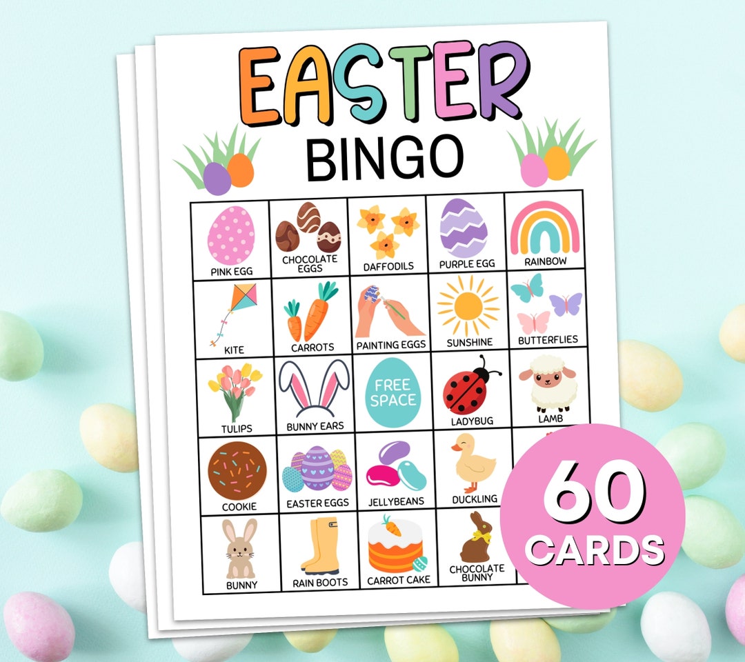 60 Easter Bingo Cards Printable Game, Easter Bingo Boards Activity for ...