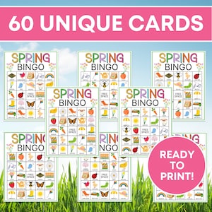 60 Spring Bingo Cards Printable Game, Spring Bingo Kids Classroom ...