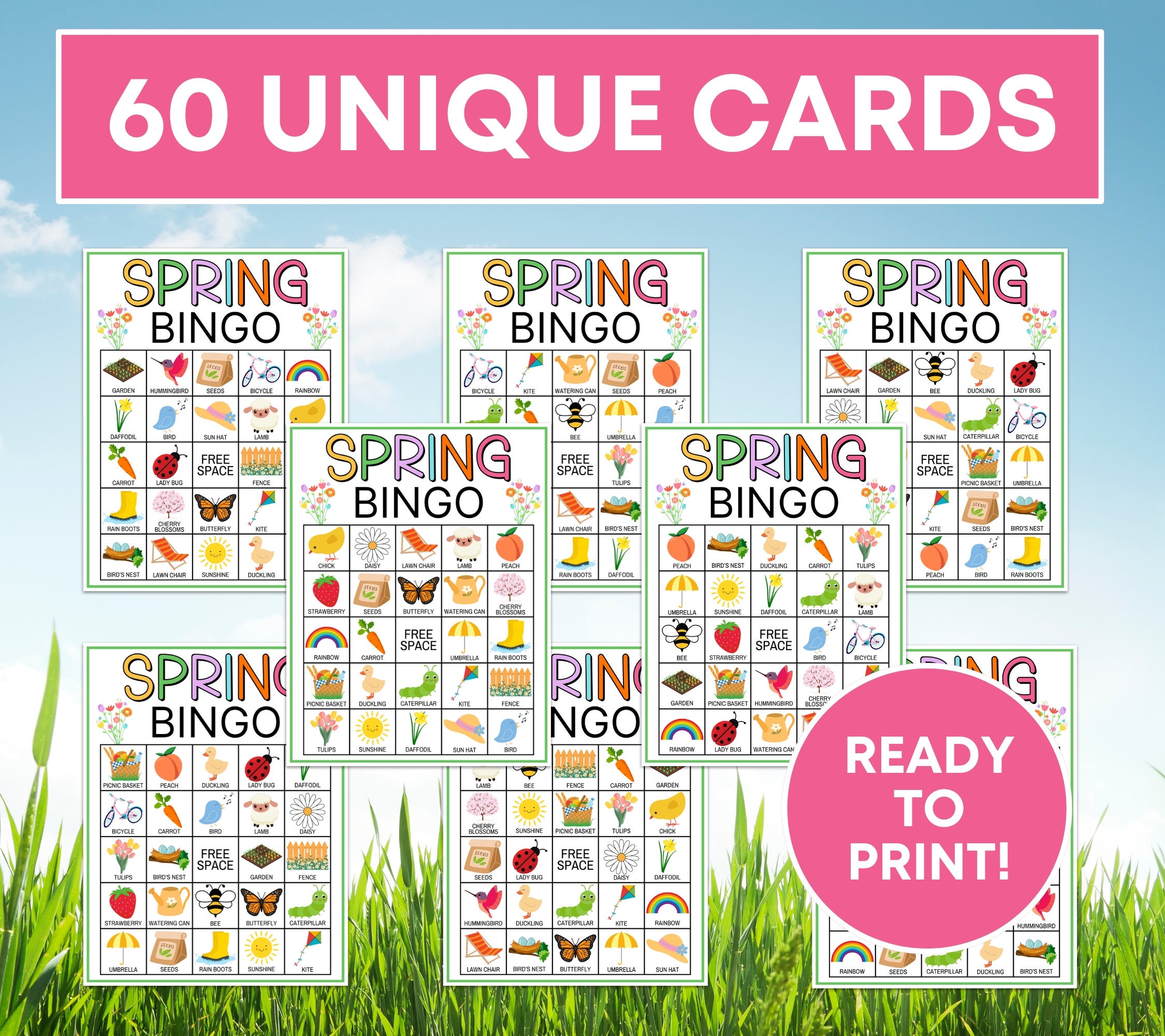 60 Spring Bingo Cards Printable Game, Spring Bingo Kids Classroom ...