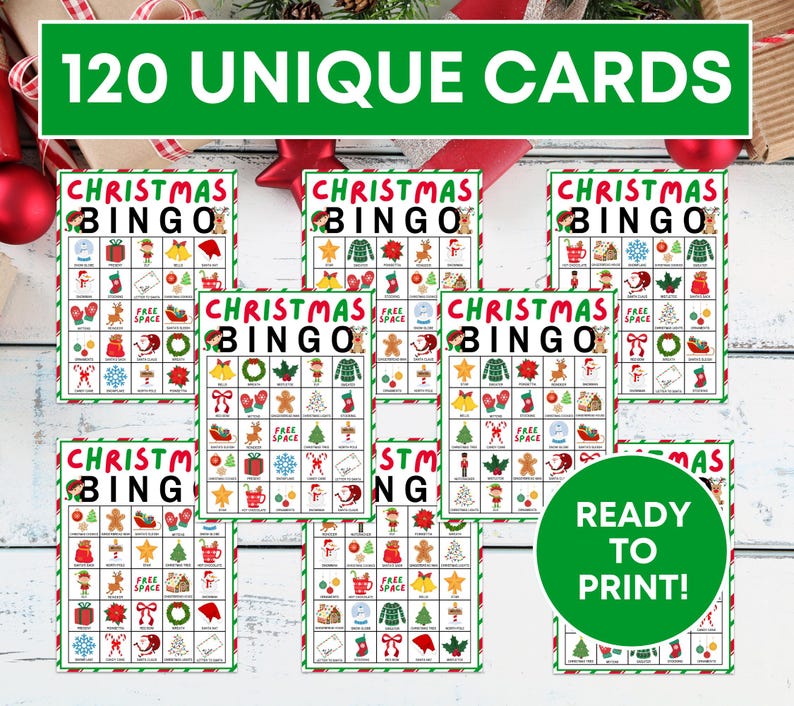 120 Christmas Bingo Cards Printable Game, Christmas Bingo Board ...