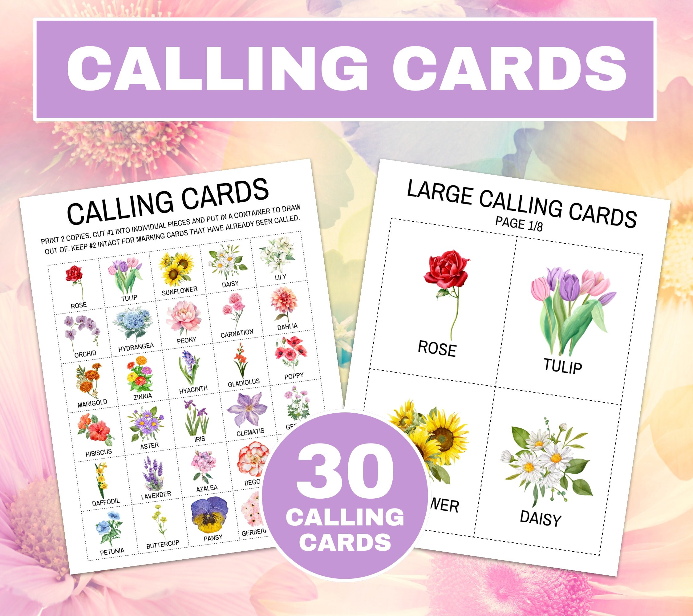 30 Flower Bingo Cards Printable Game, Floral Spring Bingo Boards Kids ...