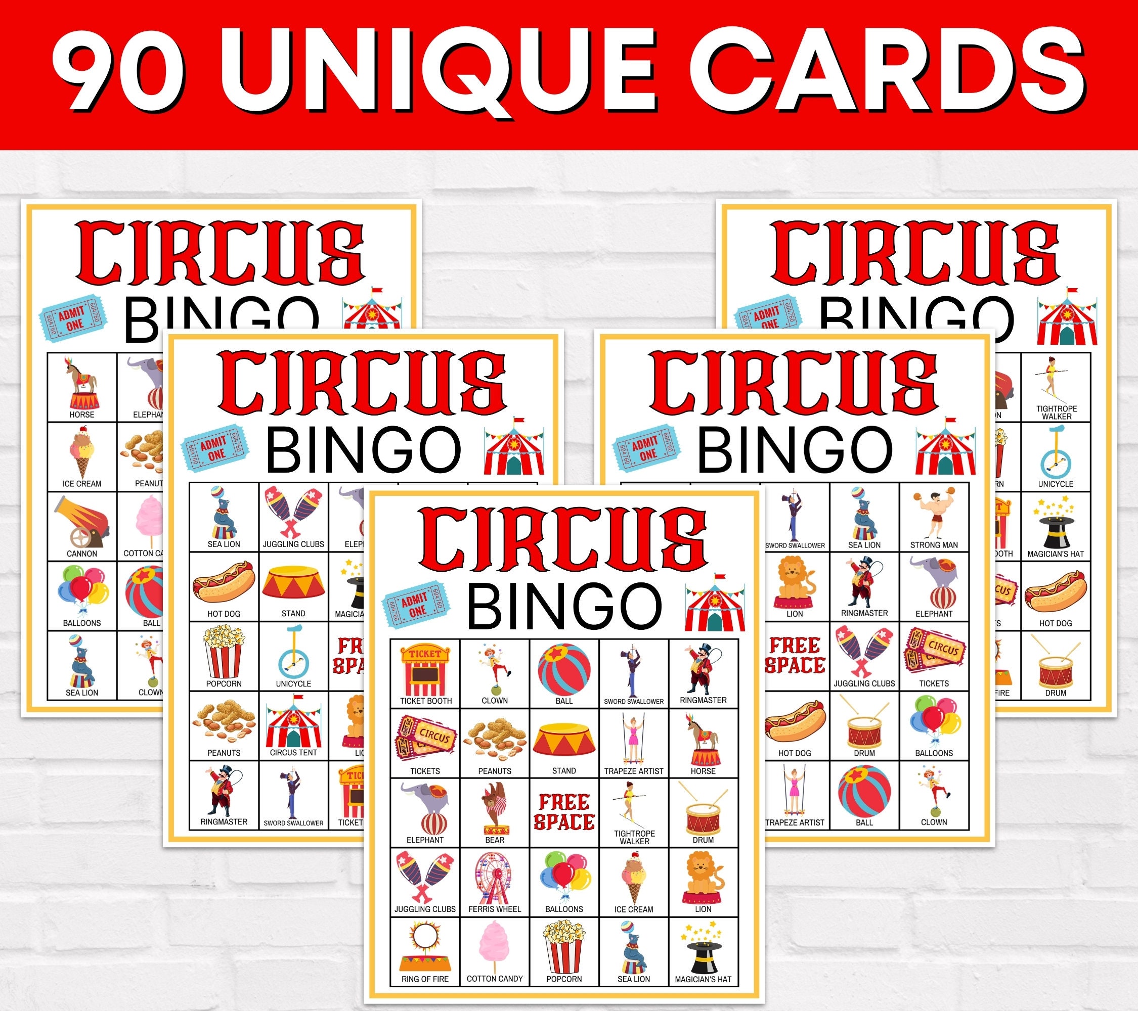90 Circus Bingo Cards Printable Game, Circus Party Bingo Game Boards ...