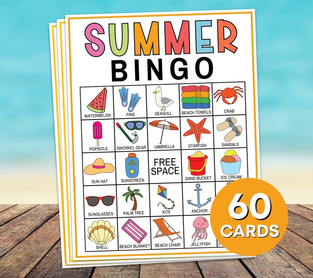 60 Summer Bingo Cards Printable Game, Summer Birthday Party Bingo Game ...