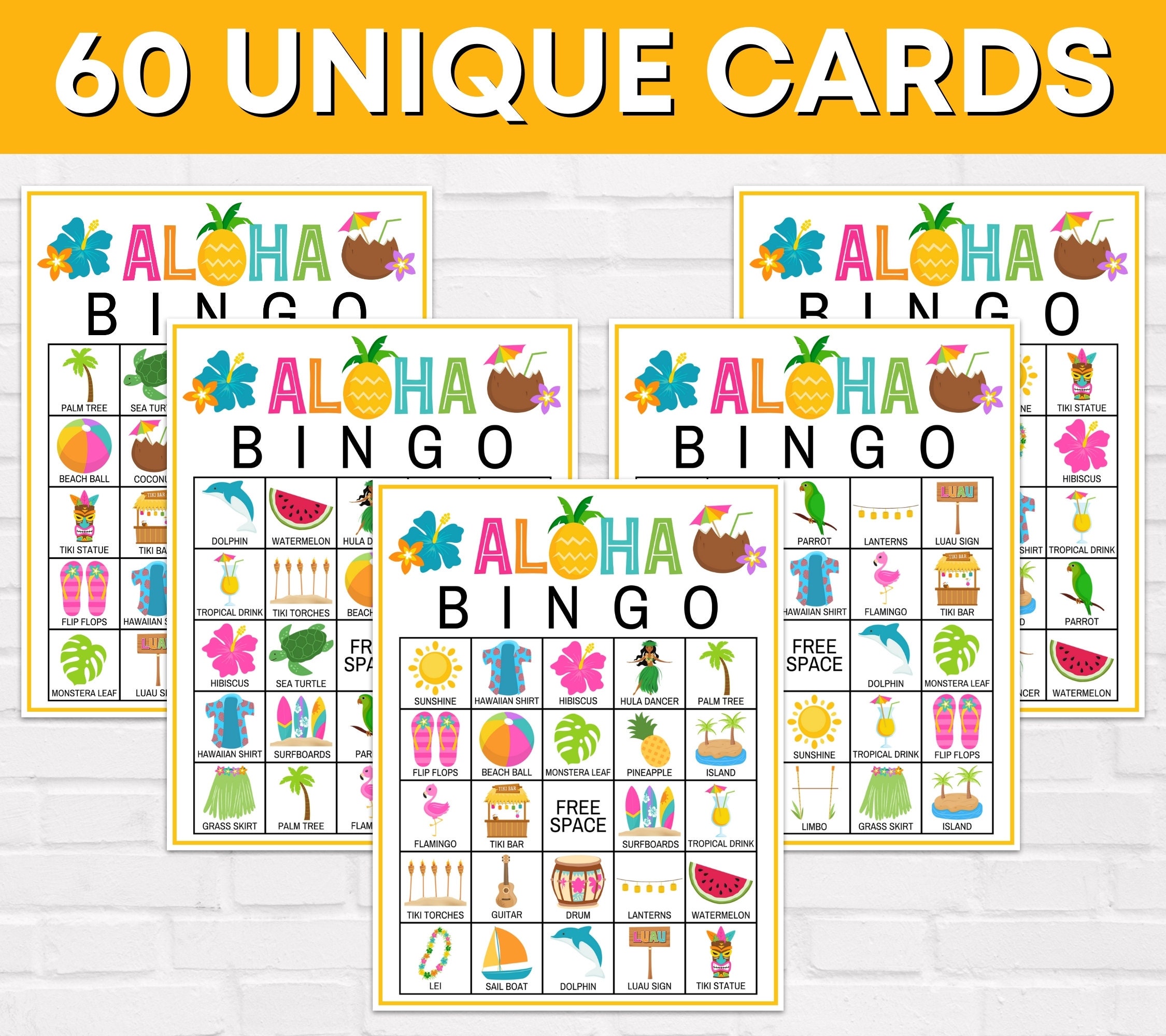 60 Aloha Bingo Cards Printable Game, Luau Hawaiian Birthday Party Bingo ...