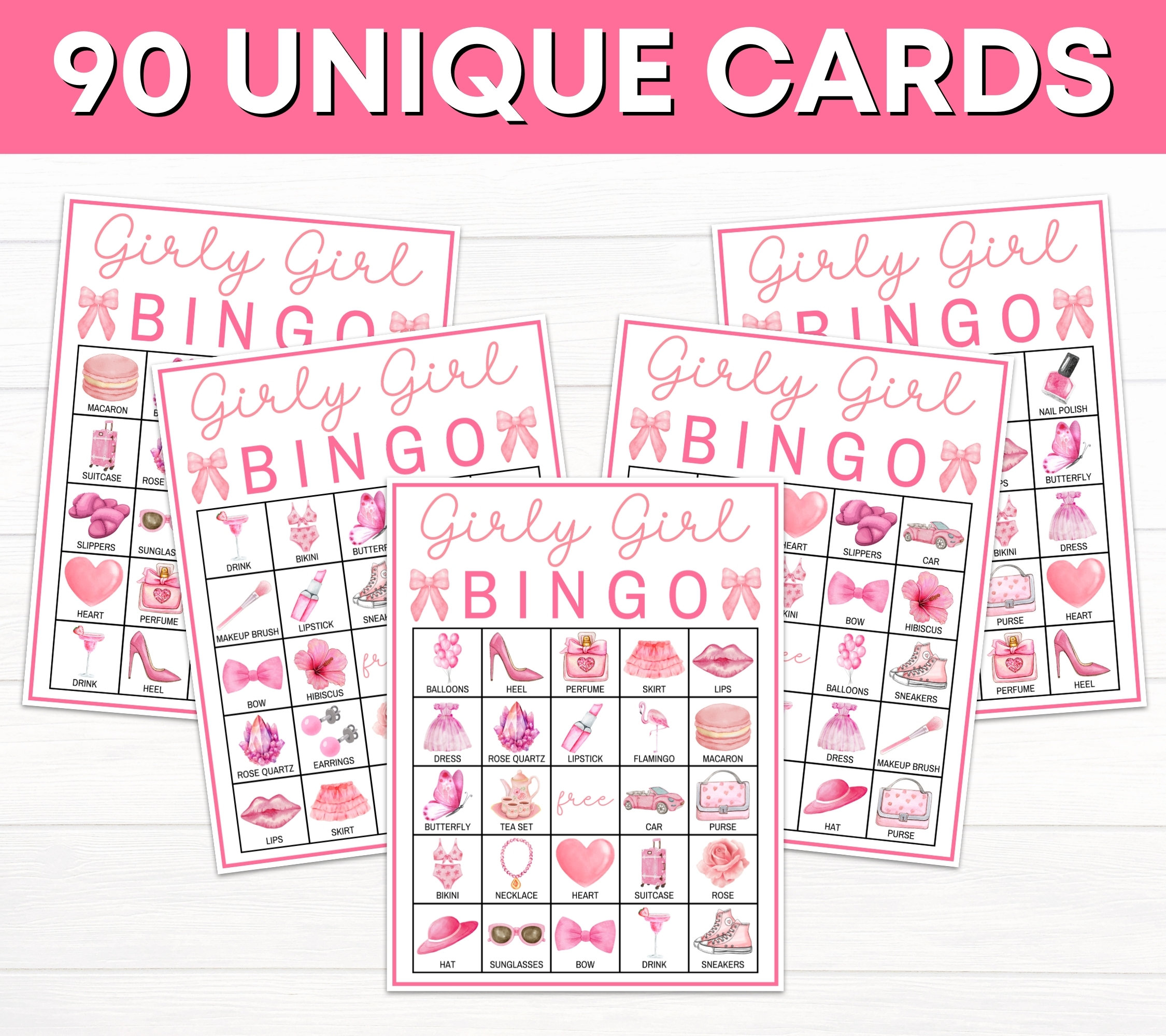 90 Girly Pink Aesthetic Bingo Cards Printable Game, Pink Girl Coquette ...