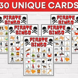 30 Pirate Bingo Cards Printable Game, Pirate Birthday Party Kids Bingo ...