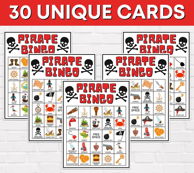 30 Pirate Bingo Cards Printable Game, Pirate Birthday Party Kids Bingo ...