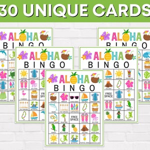 30 Aloha Bingo Cards Printable Game, Luau Hawaiian Birthday Party Bingo ...