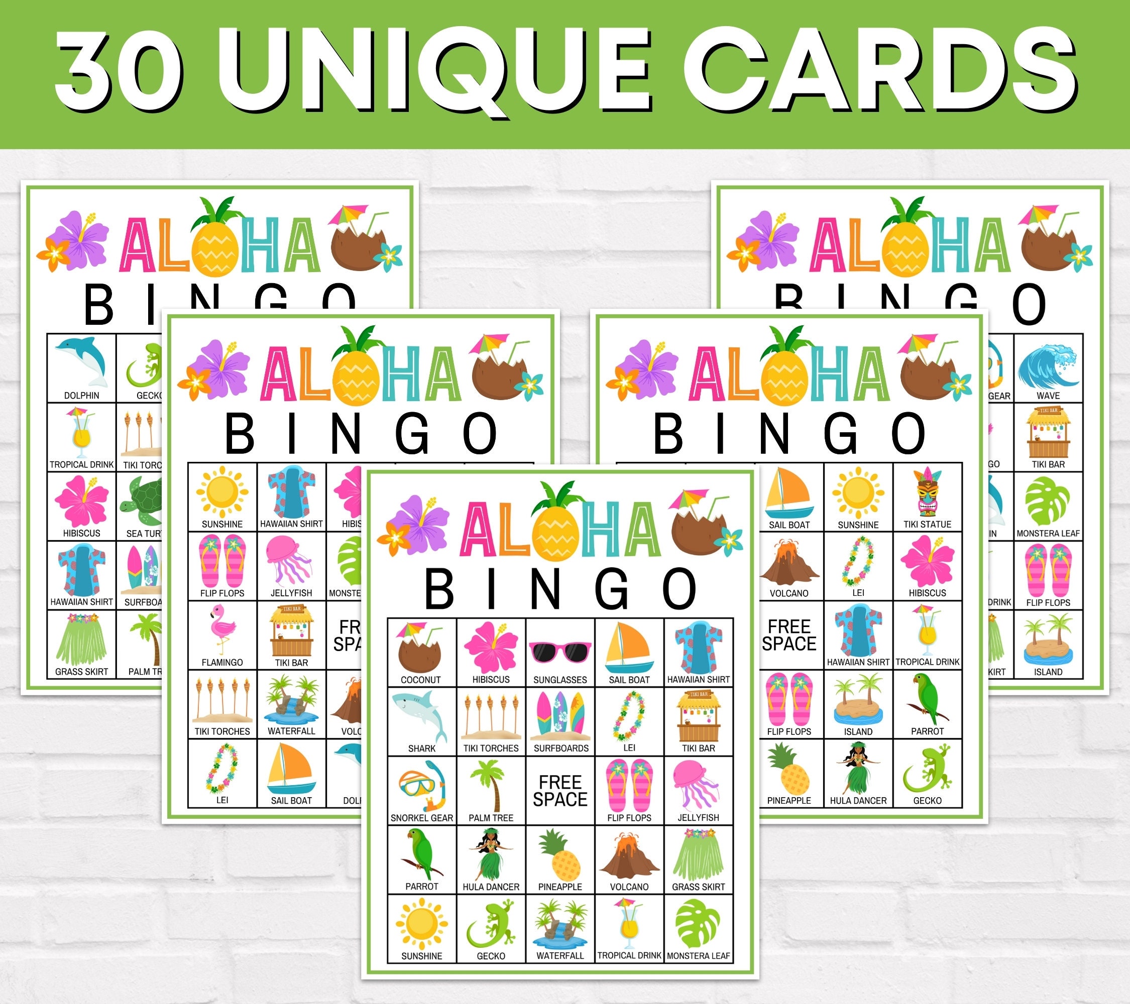 30 Aloha Bingo Cards Printable Game, Luau Hawaiian Birthday Party Bingo ...