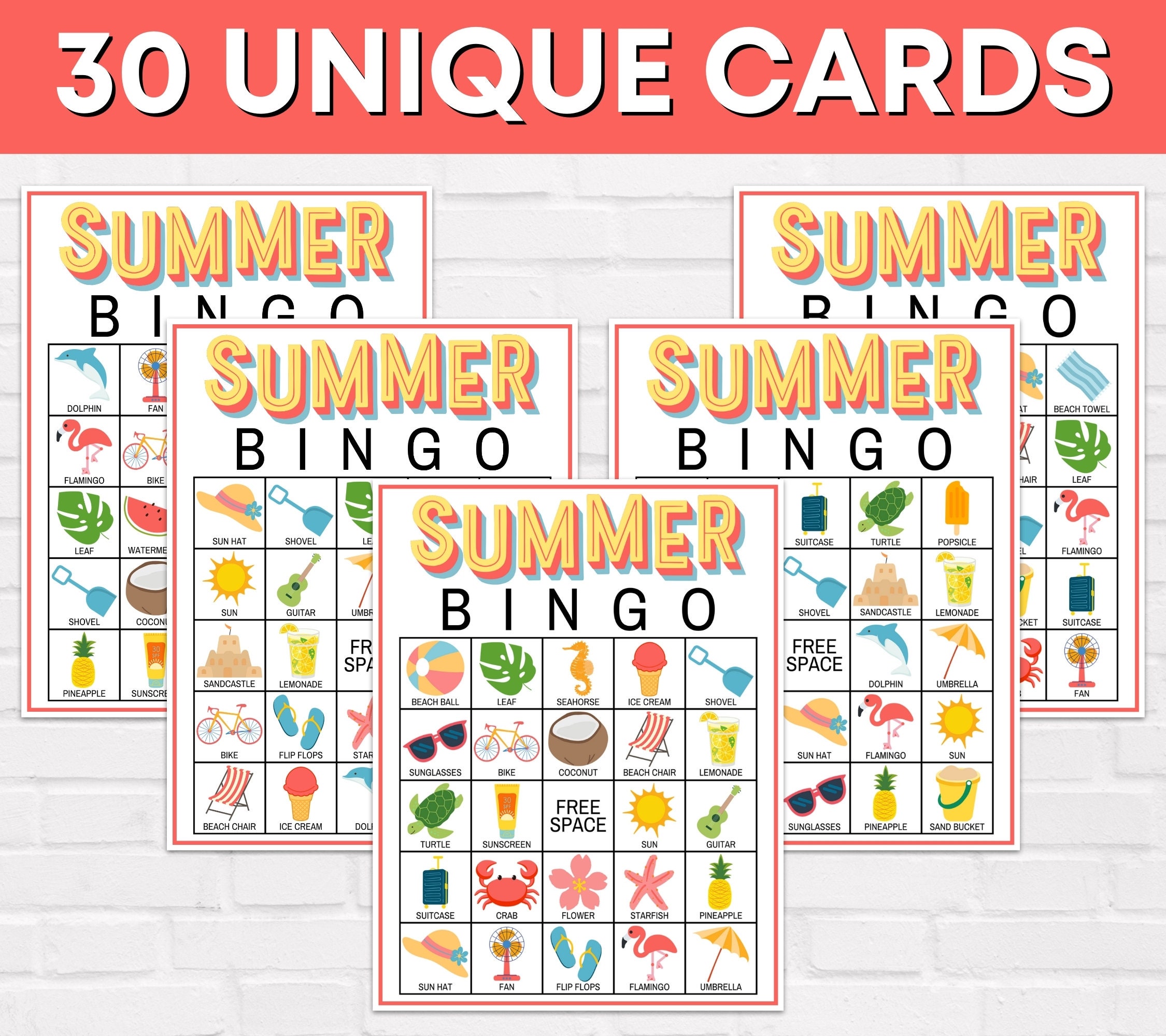 30 Summer Bingo Cards Printable Game, Summer Birthday Party Bingo Game ...