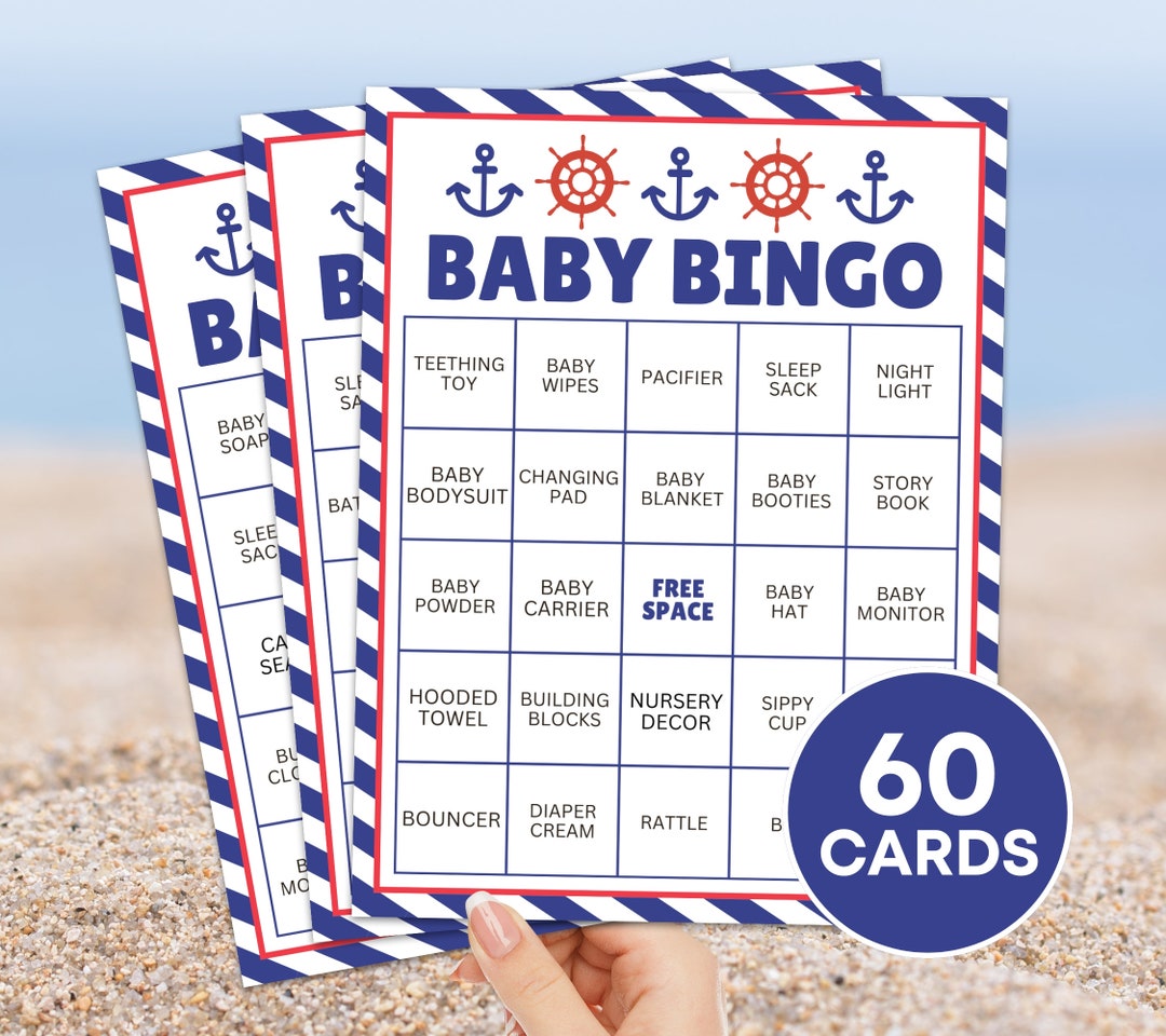 60 Ahoy Nautical Baby Shower Bingo Cards Printable Game, Baby Boy ...