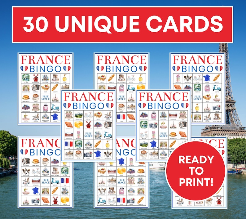 30 France Bingo Cards Printable Game, Paris France Travel Bingo Boards ...