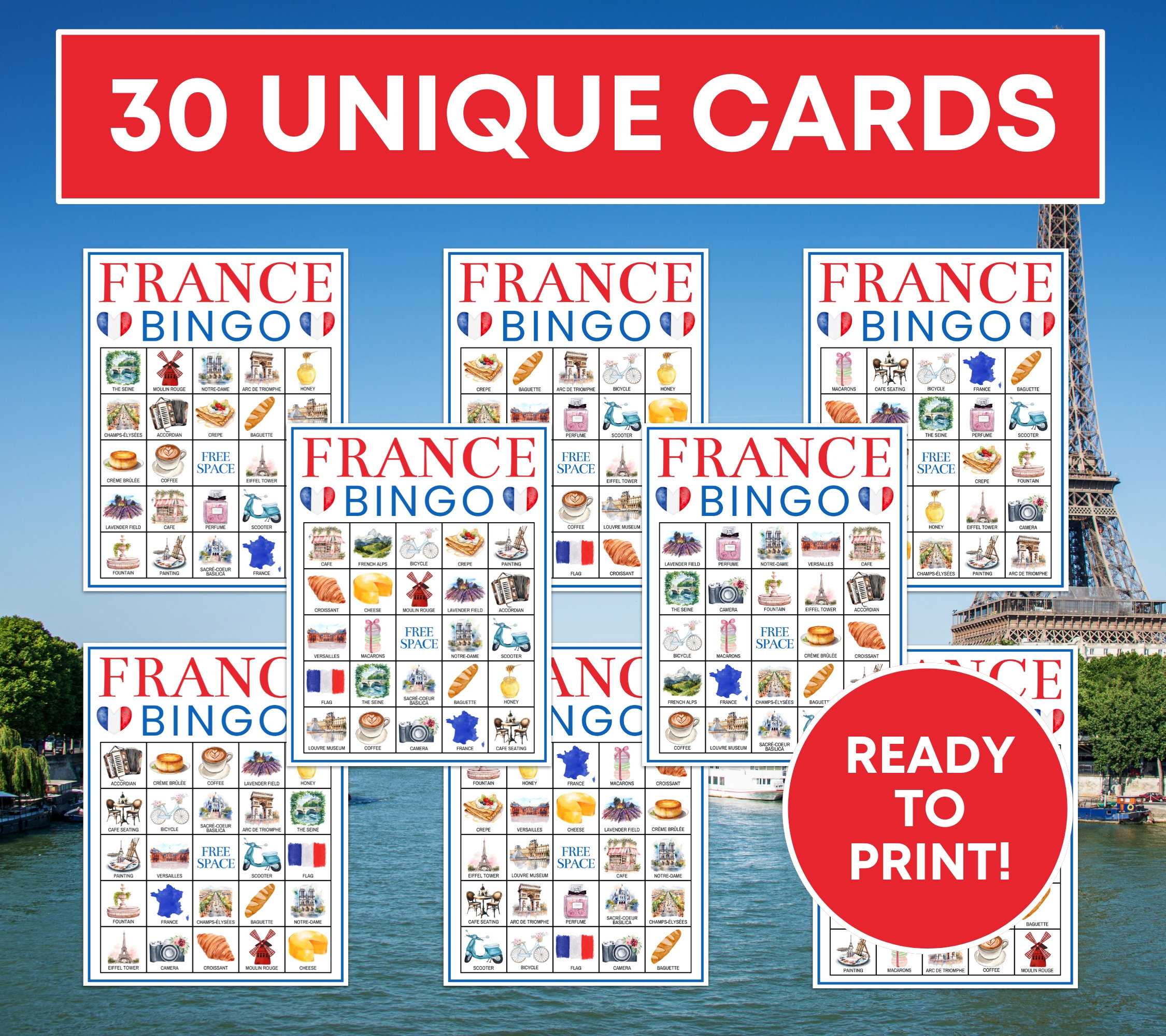 30 France Bingo Cards Printable Game, Paris France Travel Bingo Boards ...