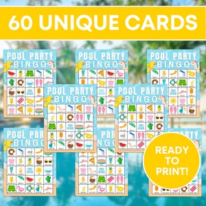 60 Pool Party Bingo Cards Printable Game, Summer Pool Party Birthday ...