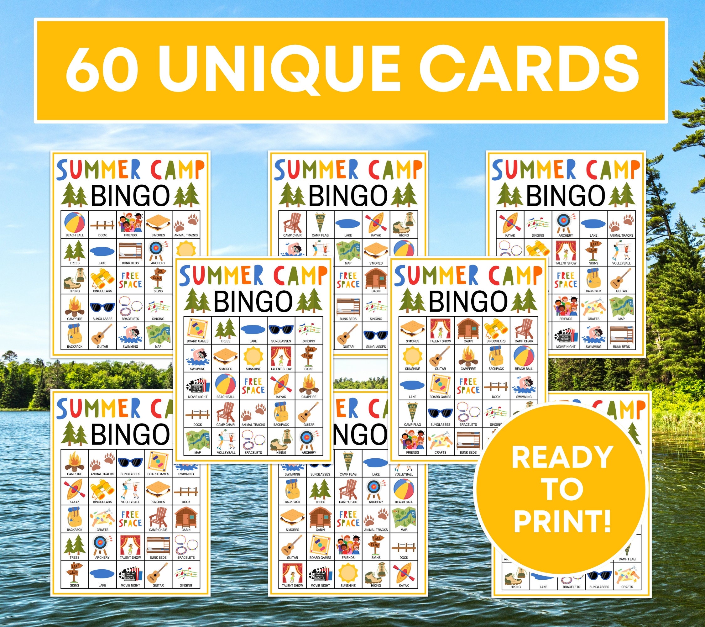 60 Summer Camp Bingo Cards Printable Game, Kids Camping Bingo Game ...