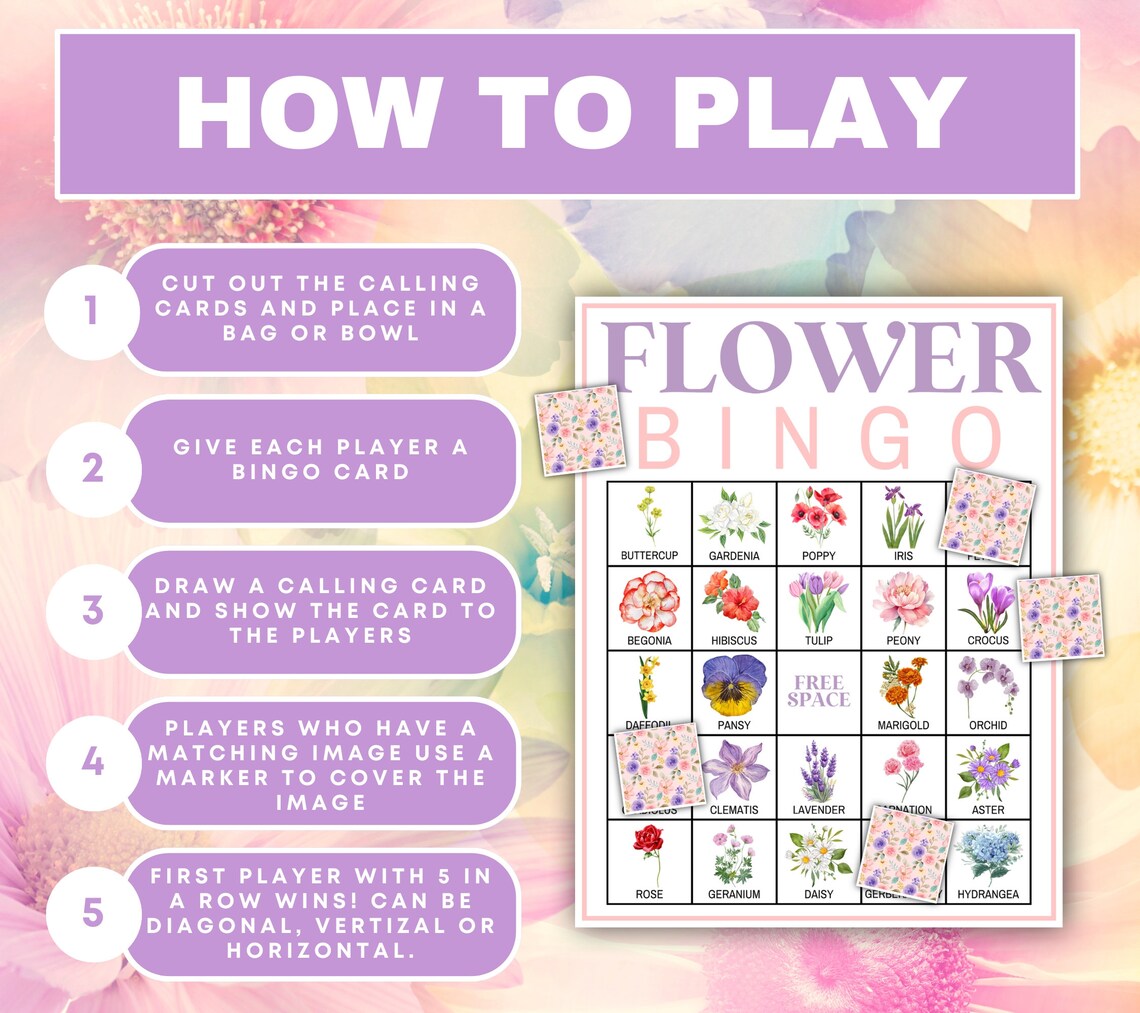 30 Flower Bingo Cards Printable Game, Floral Spring Bingo Boards Kids ...