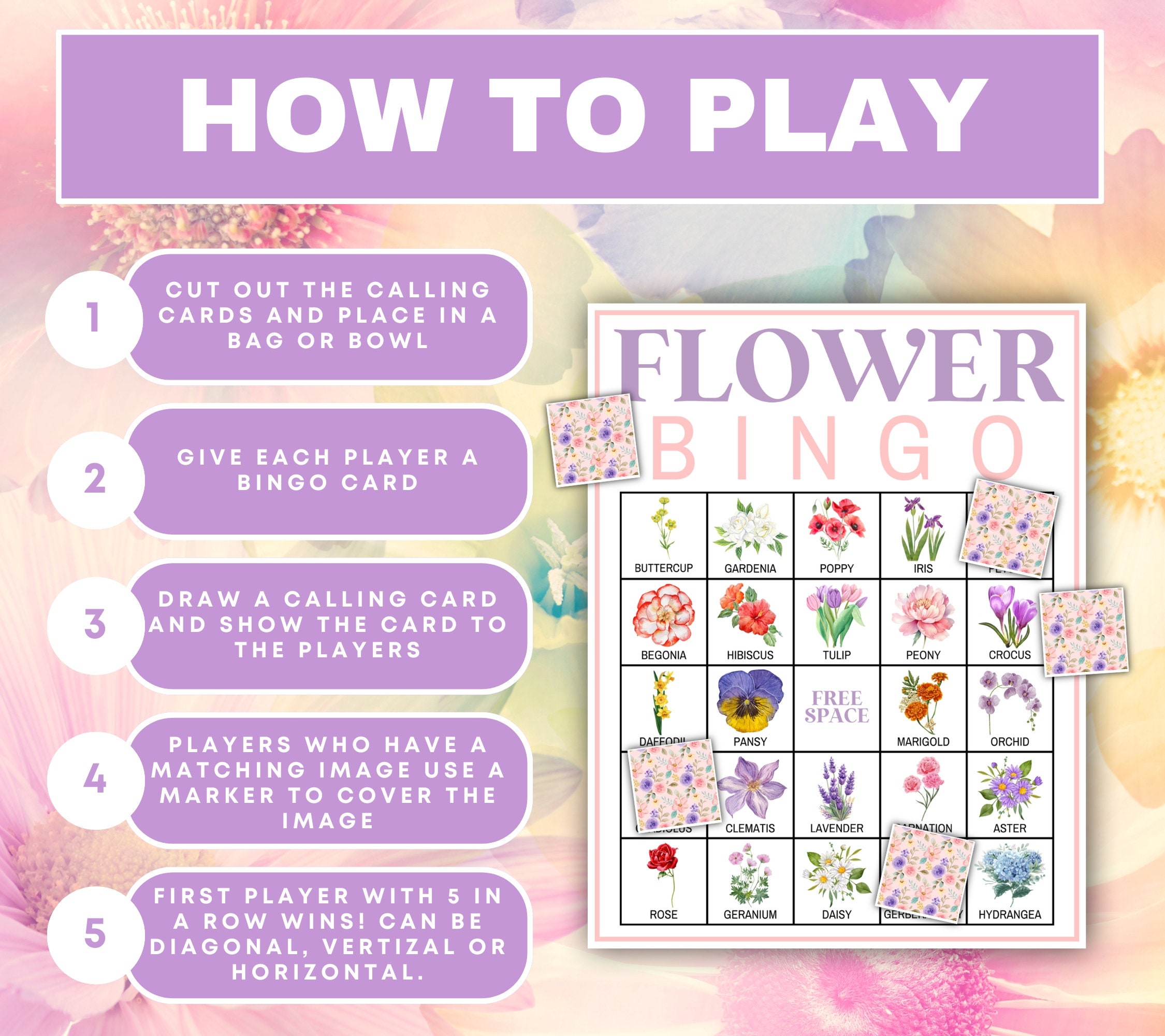 30 Flower Bingo Cards Printable Game, Floral Spring Bingo Boards Kids ...