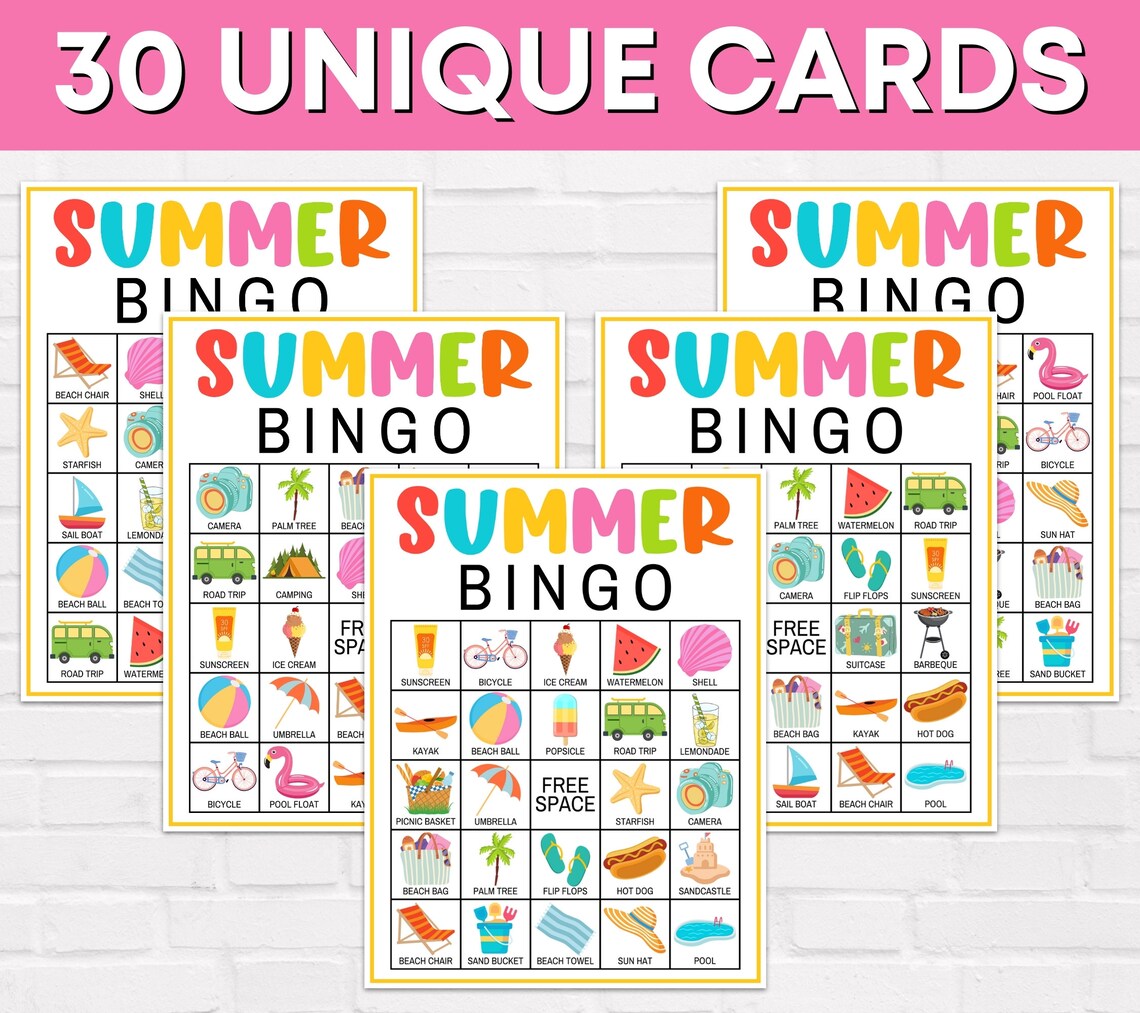 30 Summer Bingo Cards Printable Game, Summer Birthday Party Bingo Game ...