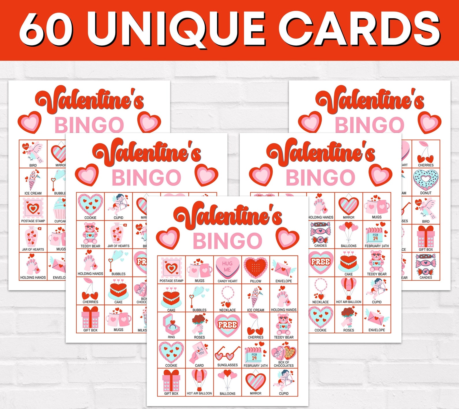 60 Valentines Bingo Game Cards Printable, Valentine's Day Bingo Cards ...