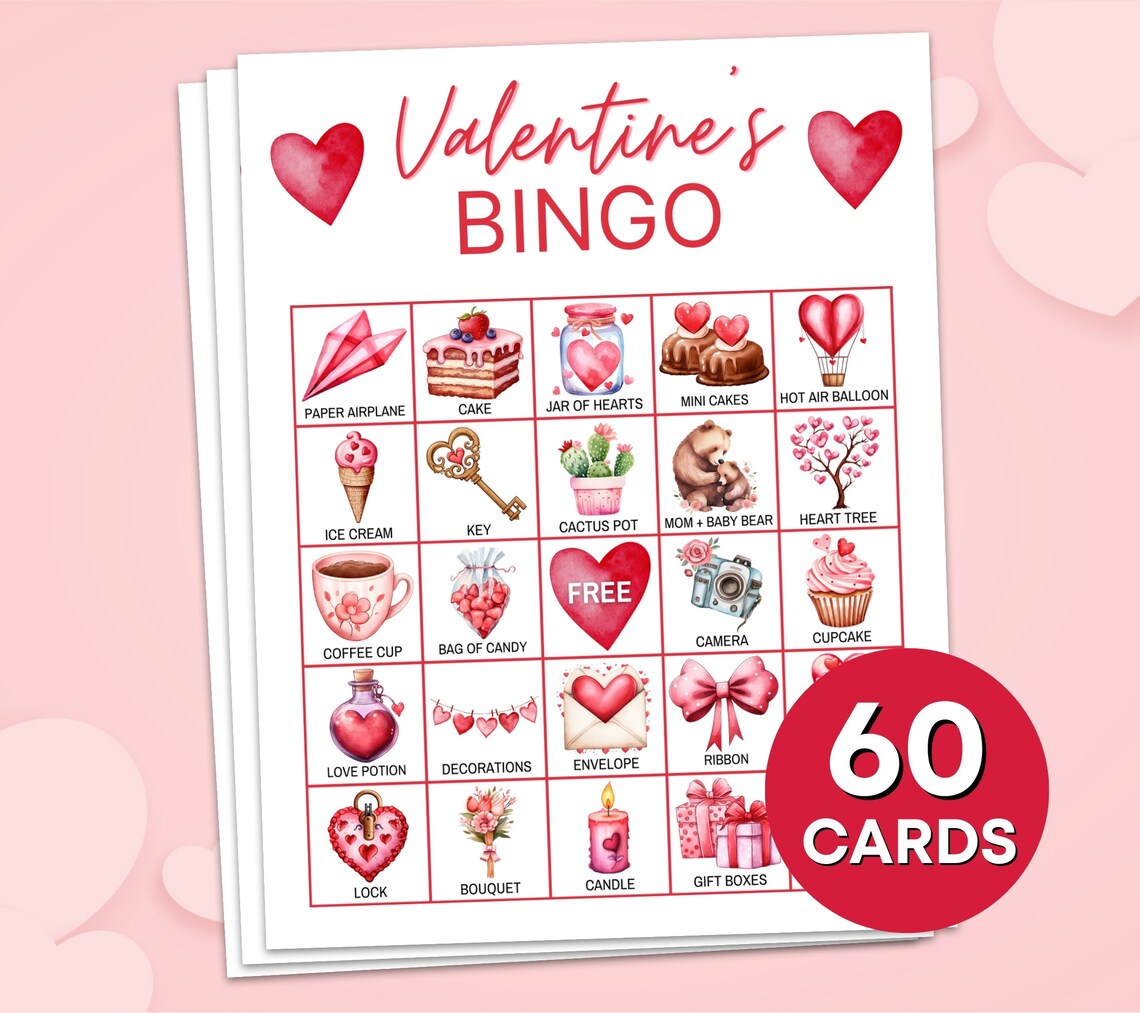 60 Valentines Bingo Game Cards Printable, Valentine's Day Bingo Cards ...