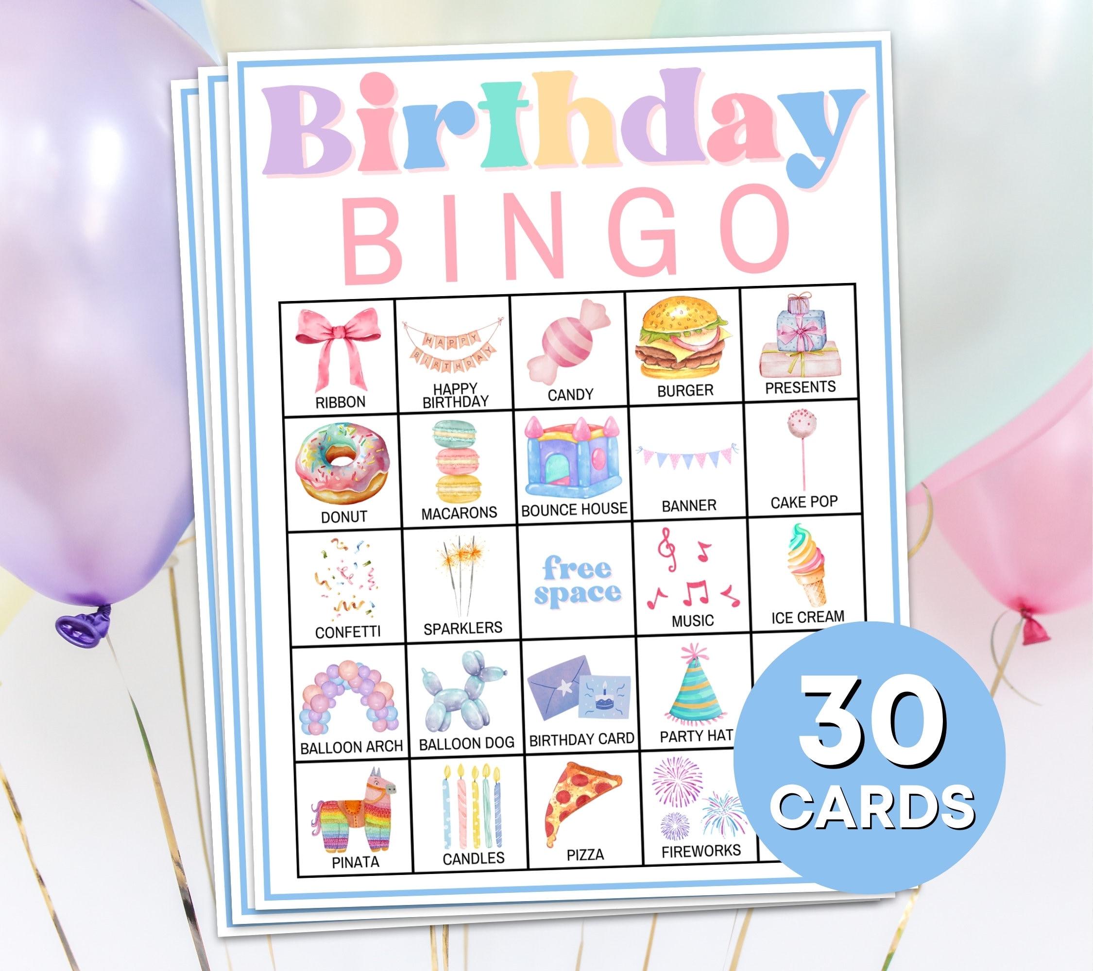 30 Birthday Bingo Cards Printable Game, Pastel Kids Birthday Bingo Boards Party Game, Girls ...