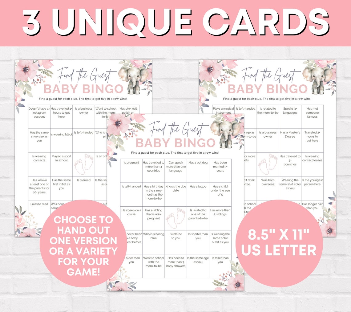 Elephant Baby Shower Bingo Cards, Baby Girl Shower Mingle Icebreaker ...