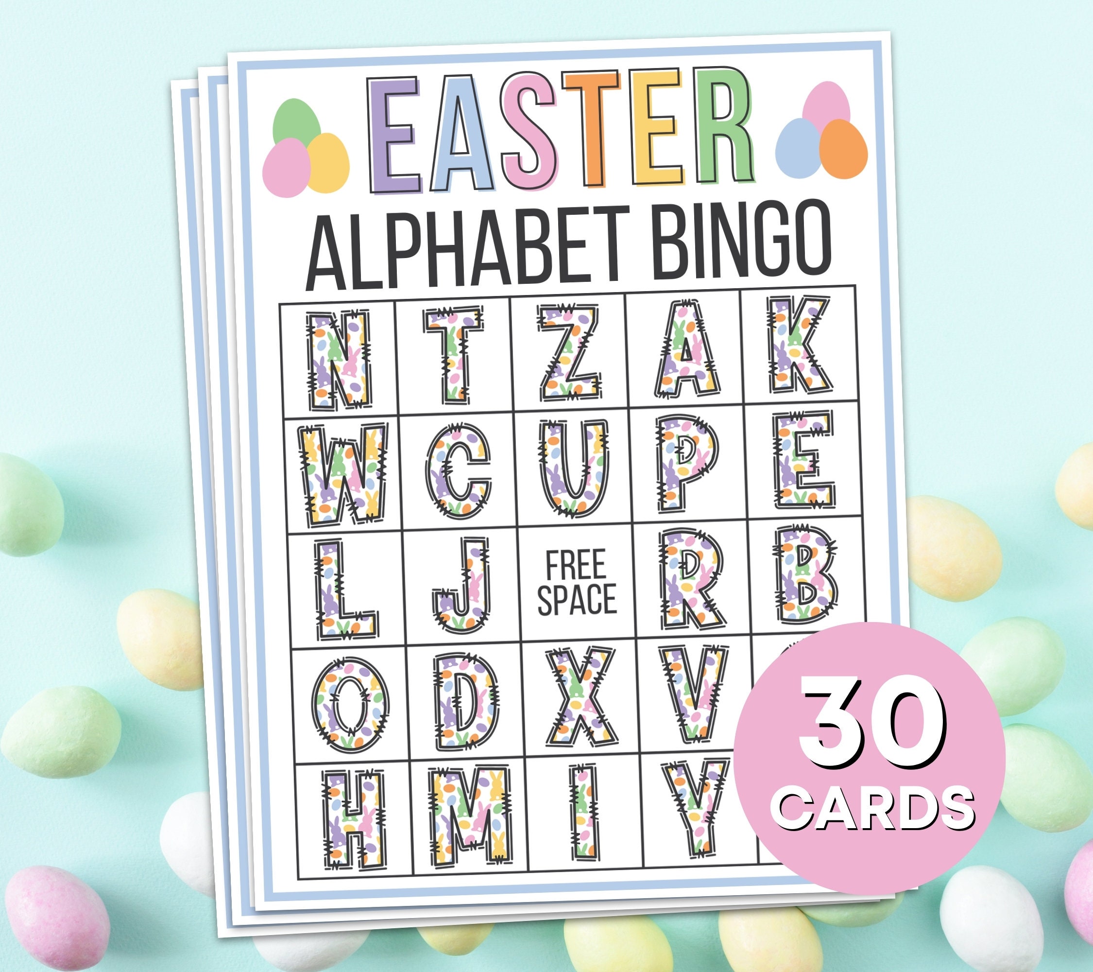 30 Easter Alphabet Bingo Game Cards Printable, Easter Party Game ...