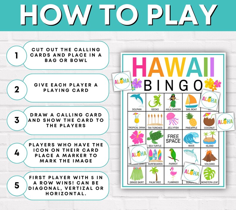 90 Hawaii Bingo Cards Printable Game, Luau Aloha Hawaiian Birthday ...