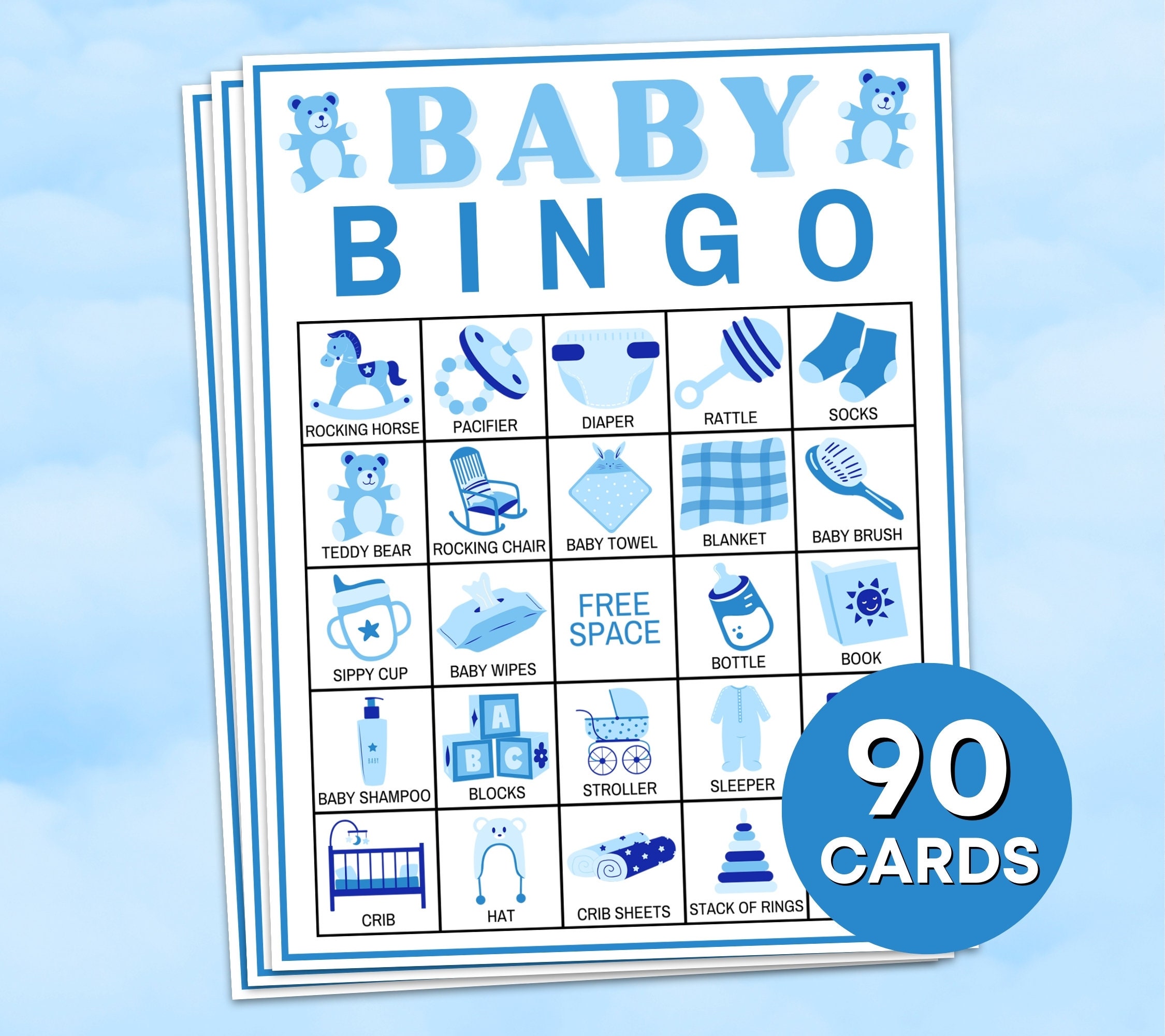 90 Baby Bingo Cards Printable Game, Baby Boy Shower Bingo Game Boards ...
