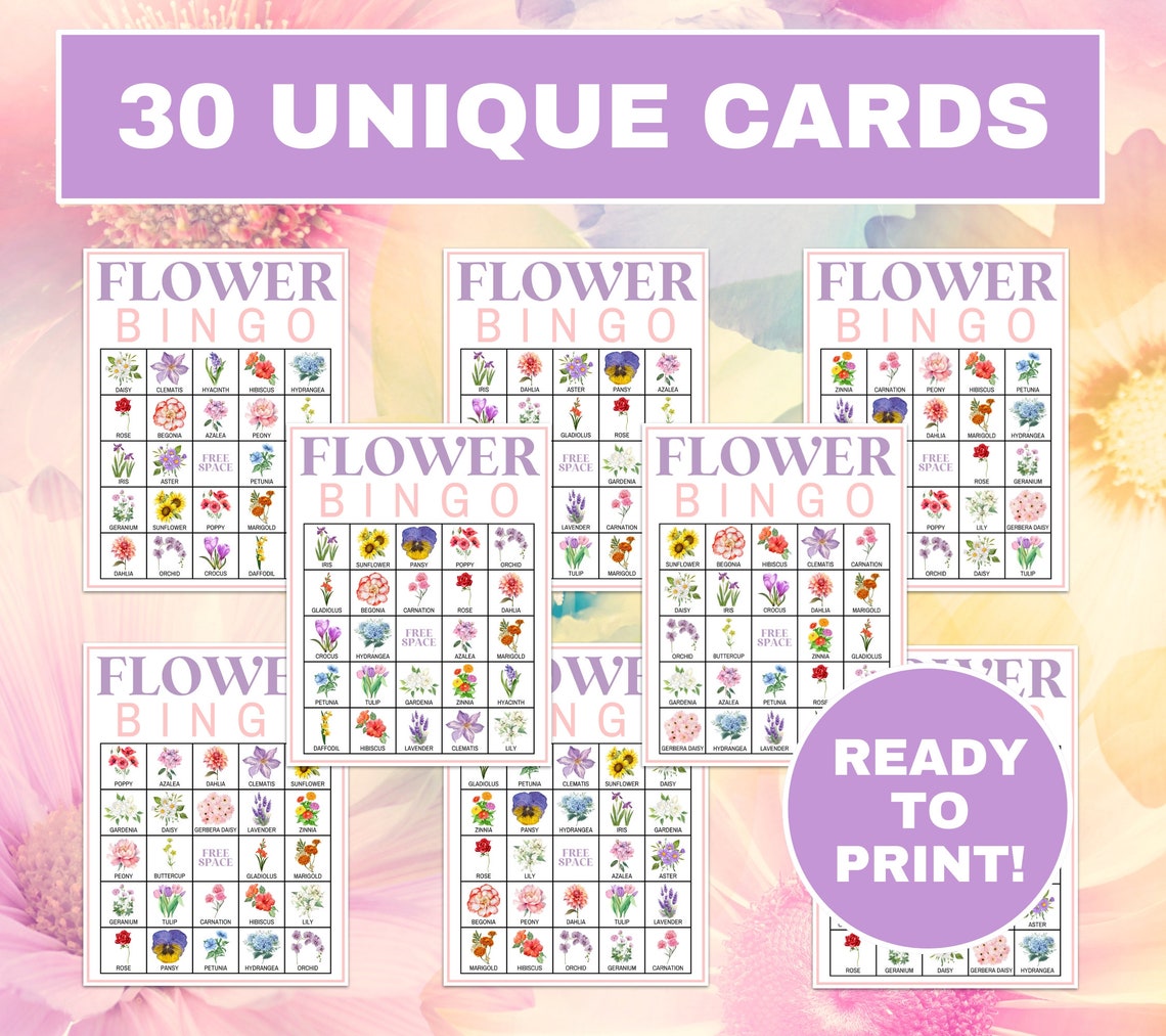 30 Flower Bingo Cards Printable Game, Floral Spring Bingo Boards Kids ...